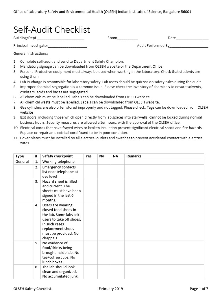 SafetyChecklist Mar2019 | PDF | Materials | Chemistry