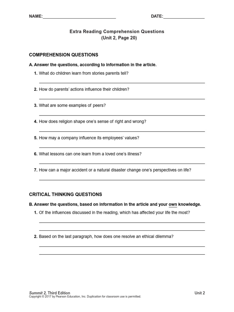 EXTRA READING COMPREHENSION QUESTIONS - PG 20 | PDF