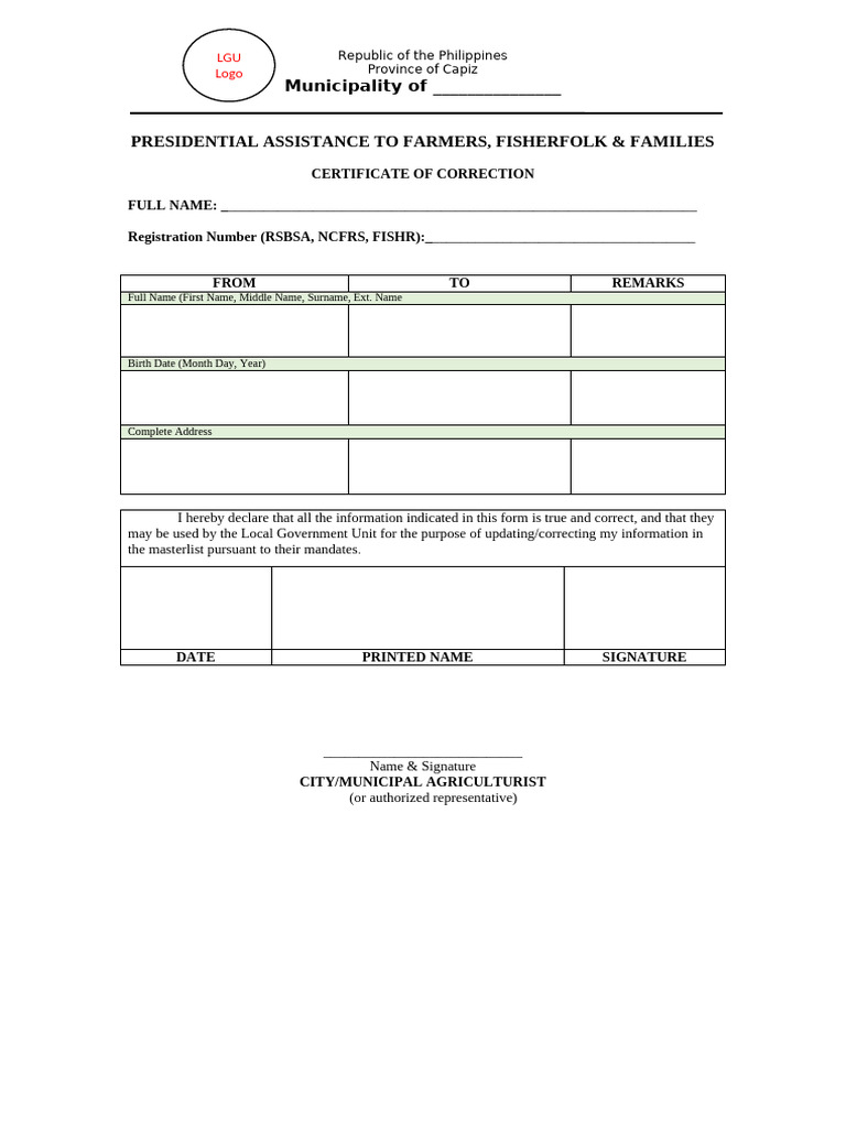 Certificate of Correction for Farmers | PDF