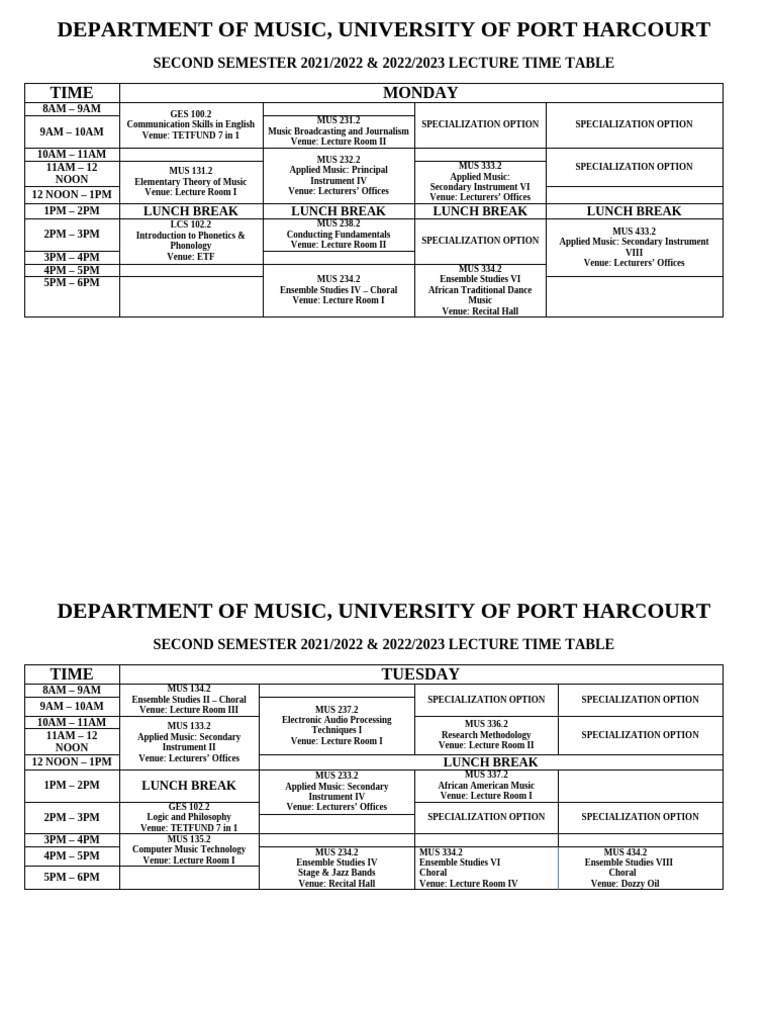2nd Semester Degree Lecture Time Table 2021-2022 & 2022-2023 (Corrected) - 2 | PDF | Musical ...
