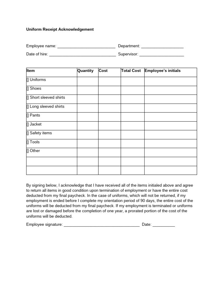 Uniform Receipt Acknowledgement Form | PDF