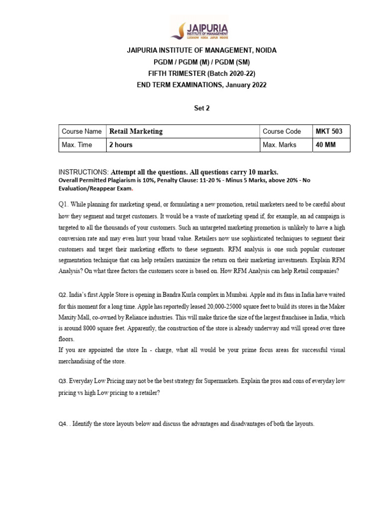 Retail Marketing Exam Questions 2022 | PDF