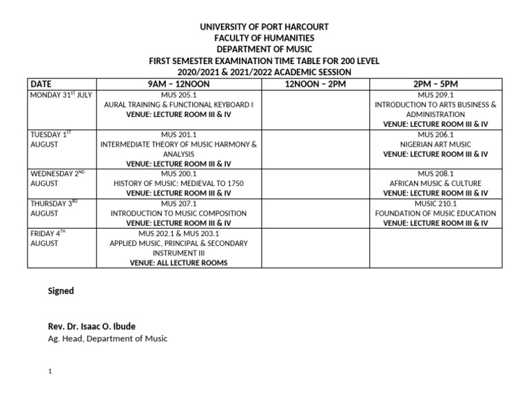 200 Level First Semester Exam Time Table 2023 | PDF