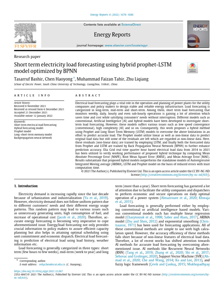 Short Term Electricity Load Forecasting Using Hybrid Prophet LSTM Model Optimized by BPNN | PDF ...