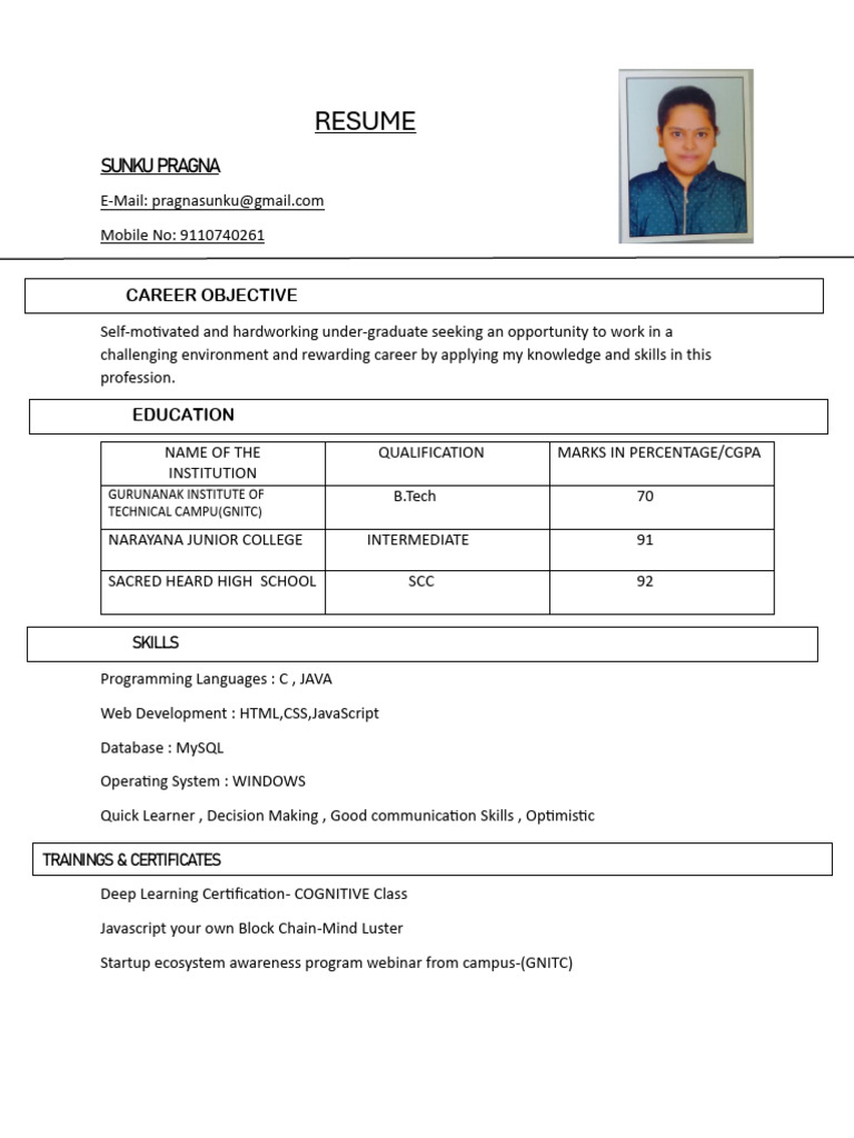 Sunku Pragna Resume (Updated) | PDF