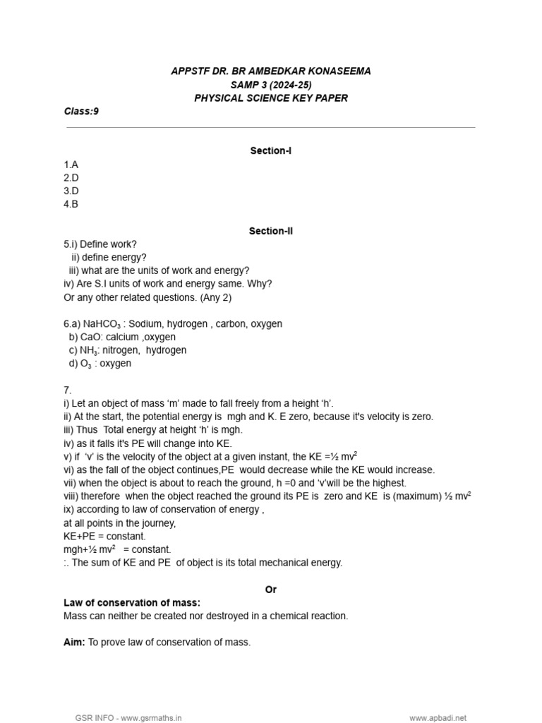 Class 9 Physical Science Key Paper | PDF | Mass | Combustion
