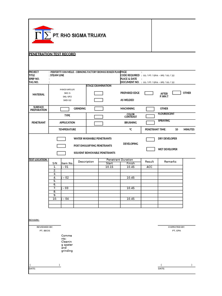 Form - DYE PENETRATION TEST RST | PDF | Applied And Interdisciplinary ...