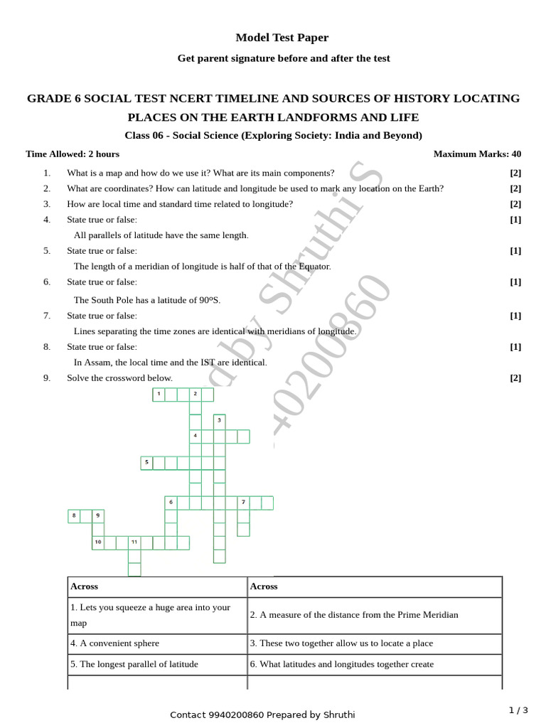 Grade 6 Social Test NCERT Timeline and Sources of History Locating ...