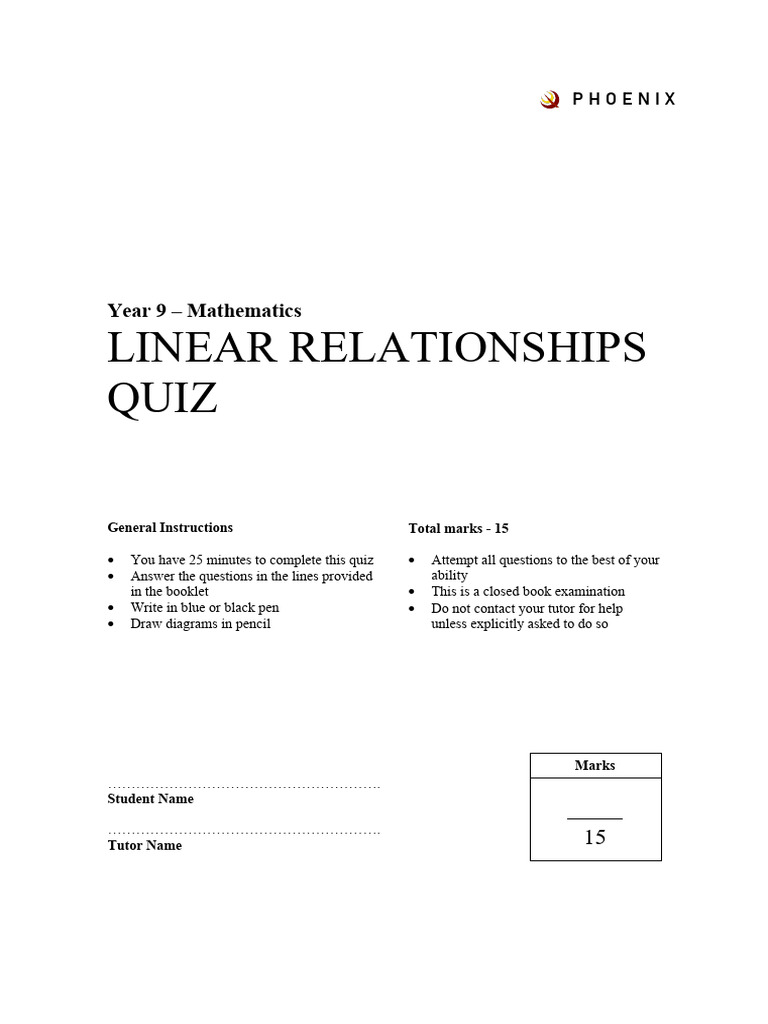 Year 9 Linear Relationships Quiz Pdf