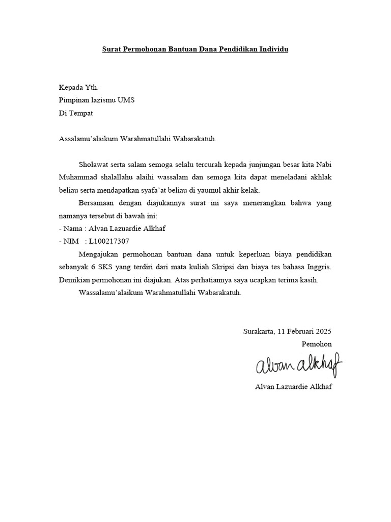 Surat Permohonan Bantuan Dana Pendidikan Individu | PDF