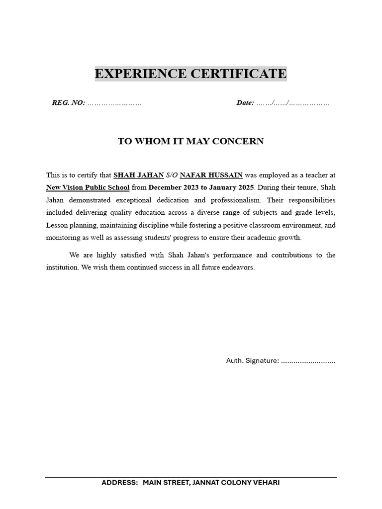 Teacher EXPERIENCE CERTIFICATE | PDF