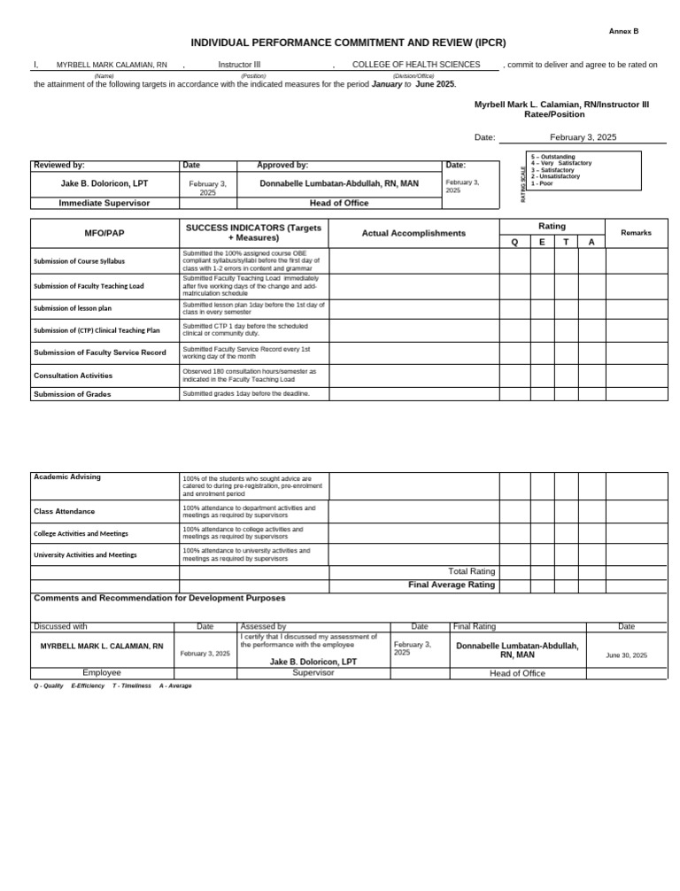 IPCR Performance Review for Myrbell Calamian | PDF