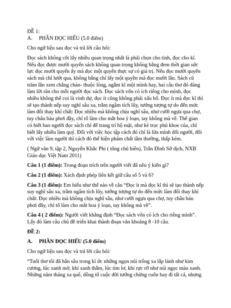 ĐỌC HIỂU HK1 | PDF