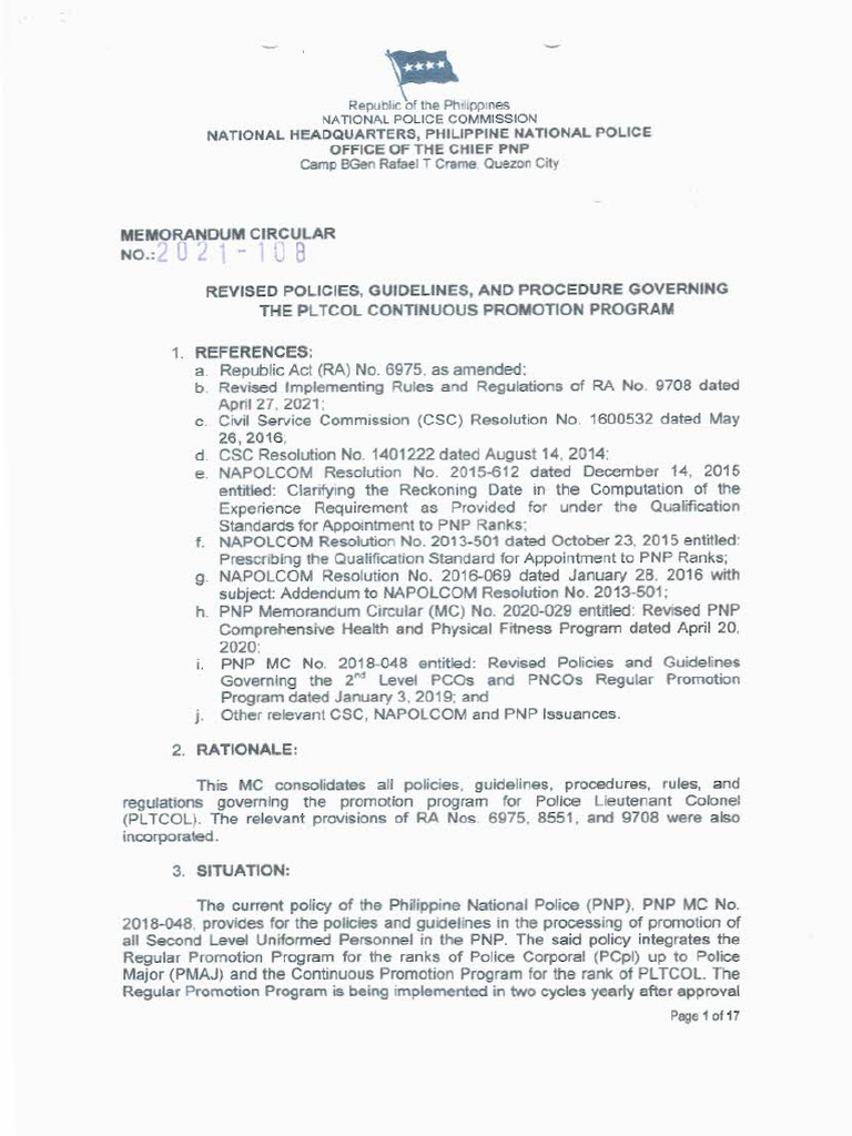 PNP Memorandum Circular No 2021 108 | PDF