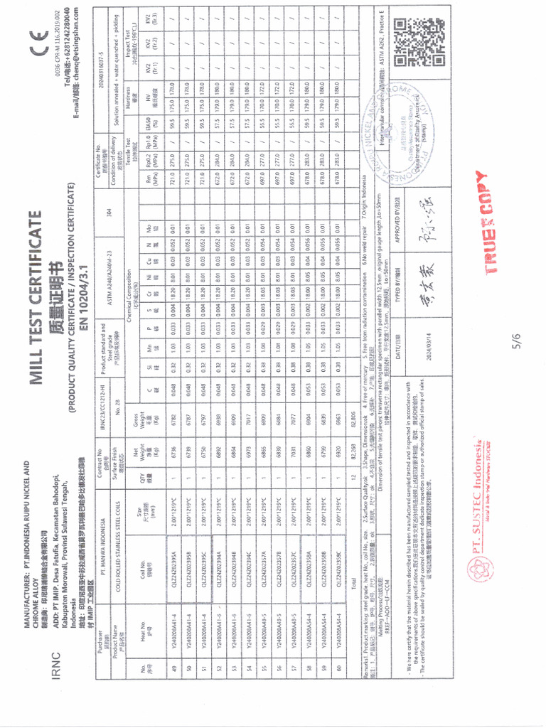 Mill Certificate SUS 304 2B 2 MM | PDF