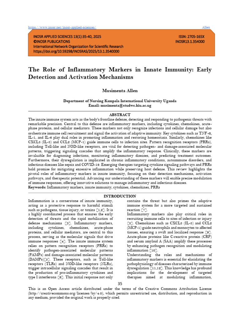 The Role of Inflammatory Markers in Innate Immunity: Early Detection ...