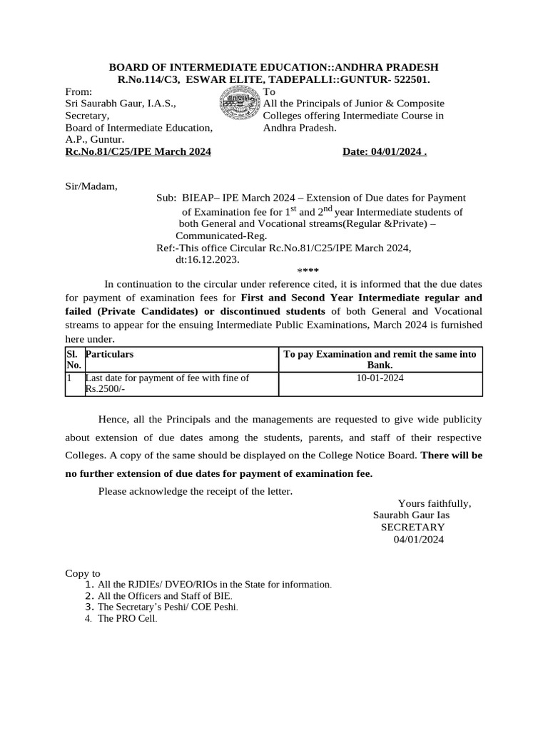 BIEAP Exam Fee Deadline Extension Notice | PDF