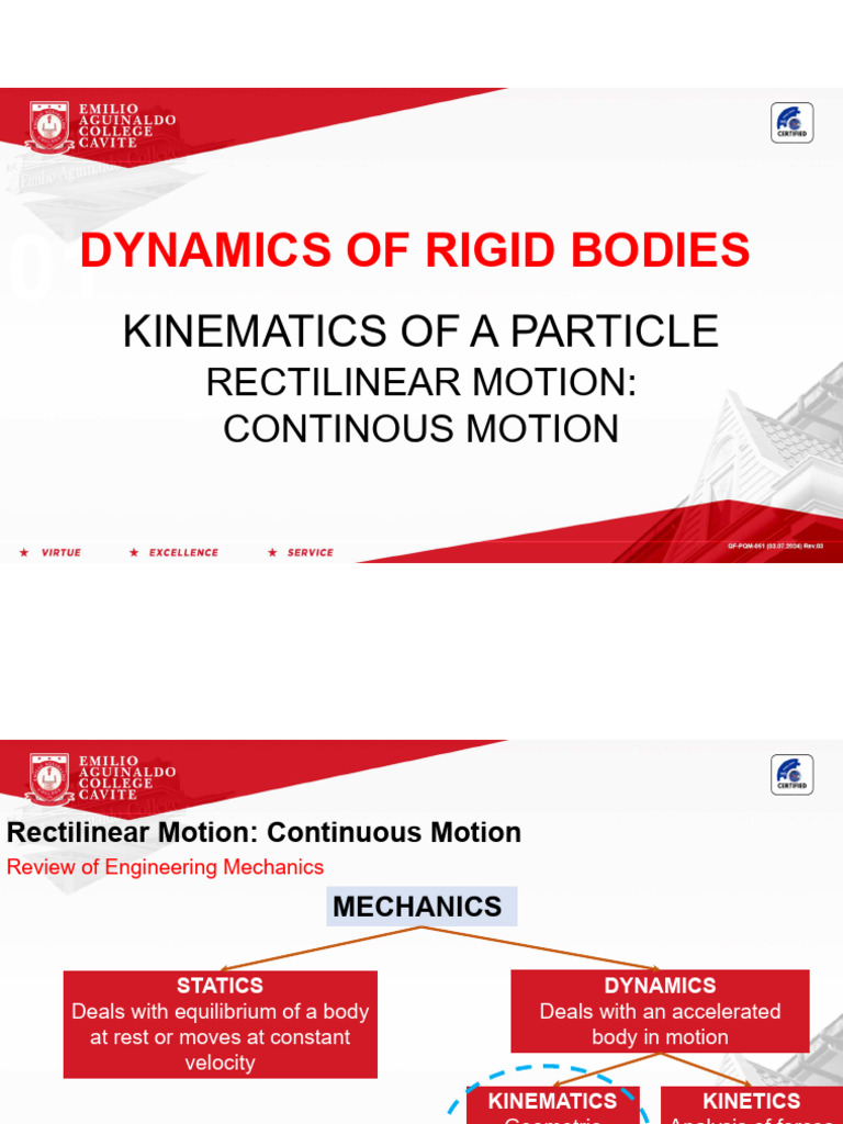 Kinematics Of A Particle Rectilinear Motion Continous Motion Pdf