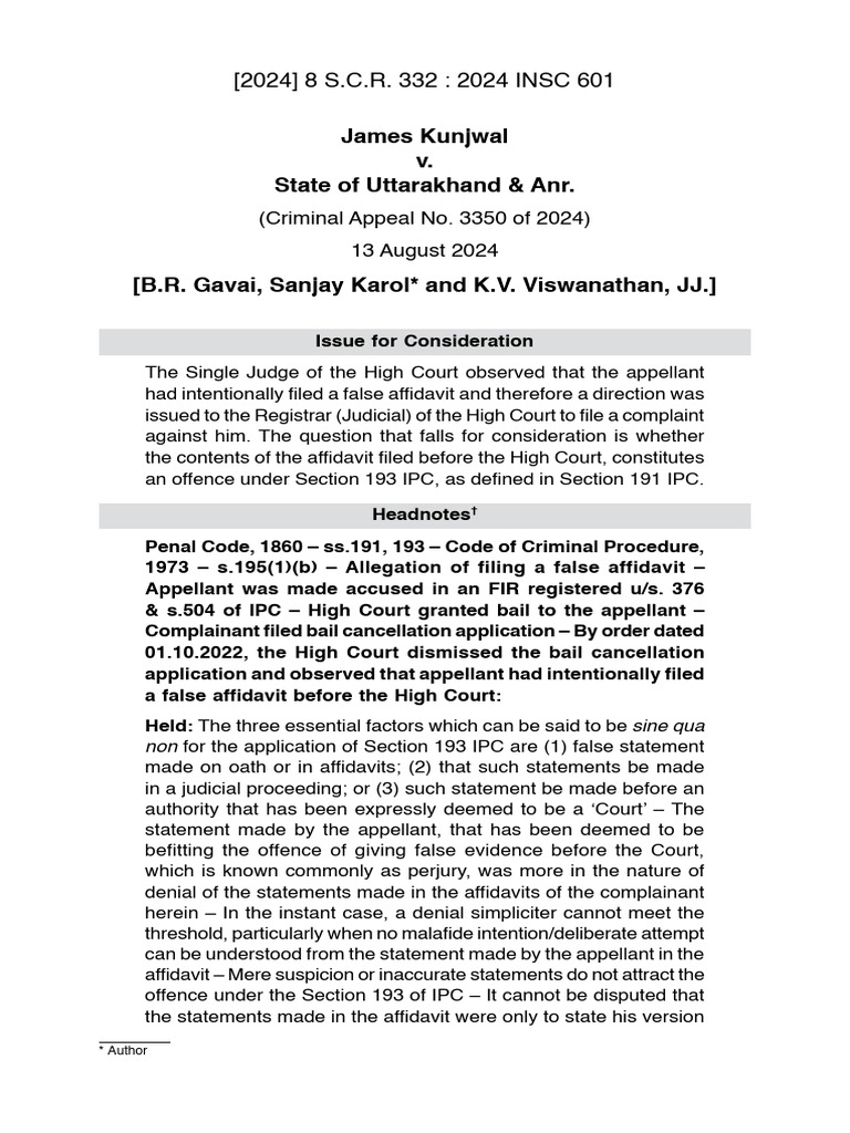 James Kunjwal Perjury Case Law-2024 | PDF | Perjury | Affidavit
