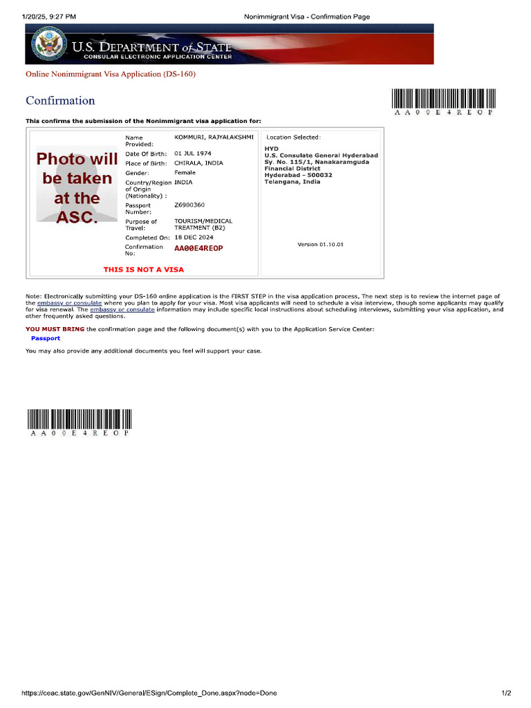 Nonimmigrant Visa - Confirmation Page DS 160 Rajyalakshmi | PDF