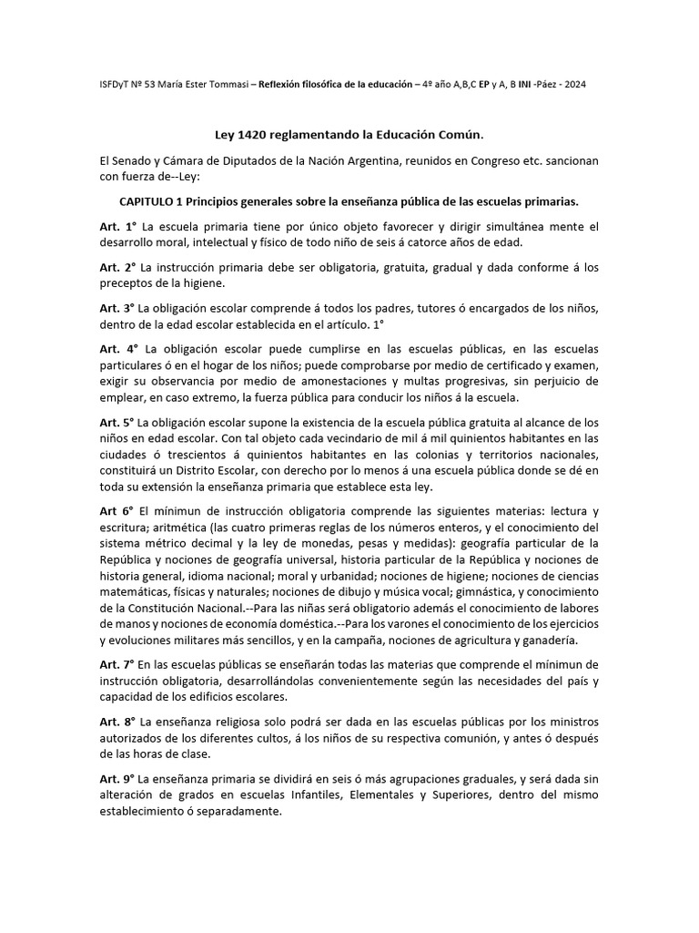 01 - Ley 1420 | PDF | Educación primaria | Escuelas