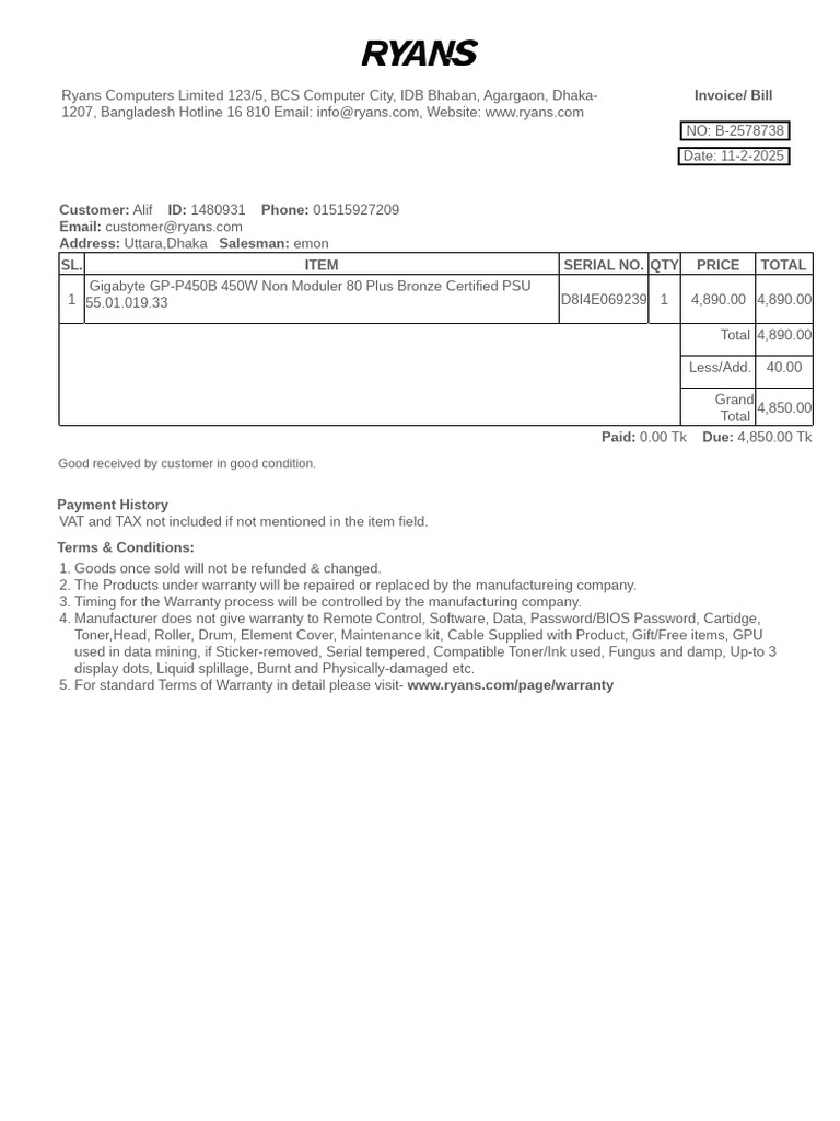 Invoice/ Bill: Good Received by Customer in Good Condition | PDF