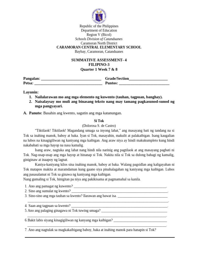 4th Summative Test Filipino Q1 | PDF