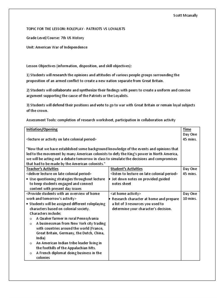 Lesson Plan: Roleplay - Patriots Vs Loyalists | PDF | Lesson Plan ...