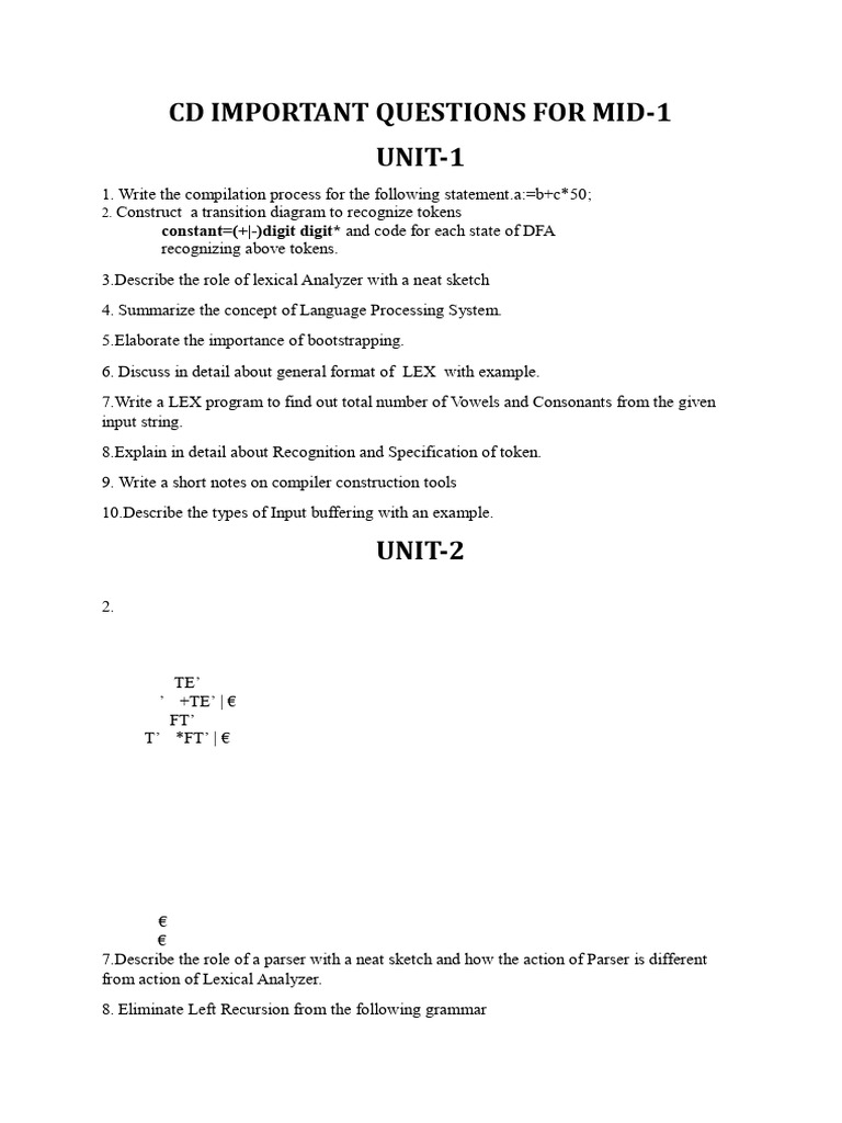 CD - Important Questions For MID-1 - 2024-25 | PDF | Parsing | Syntax (Logic)
