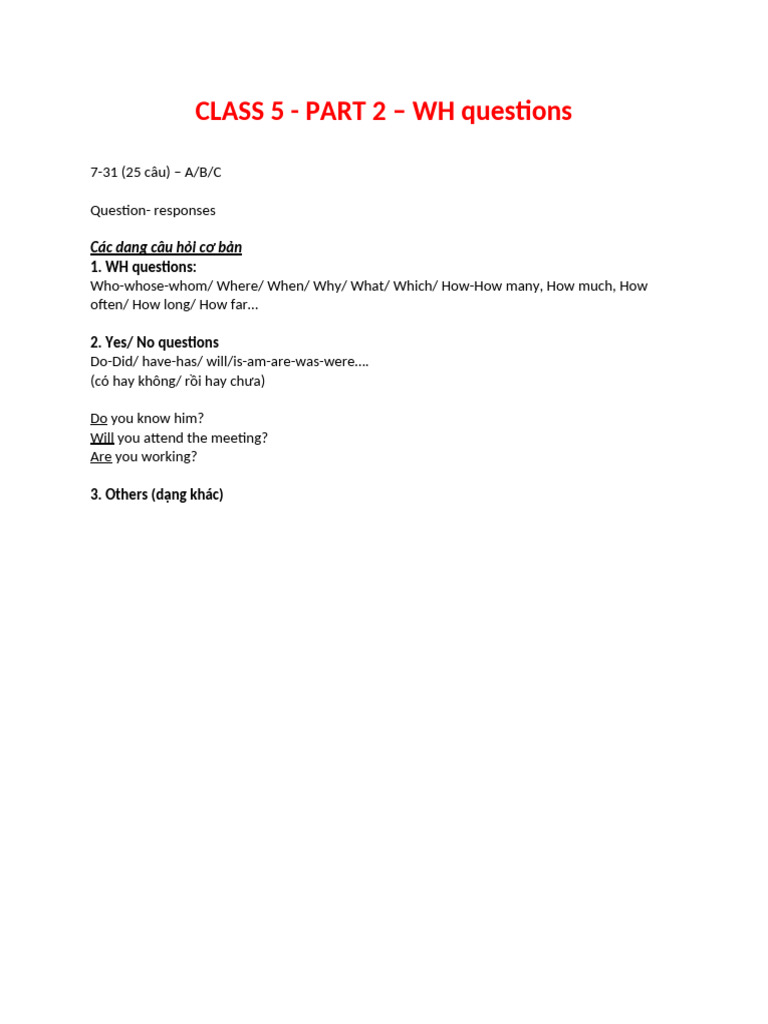 CLASS 5 - WH Questions | PDF