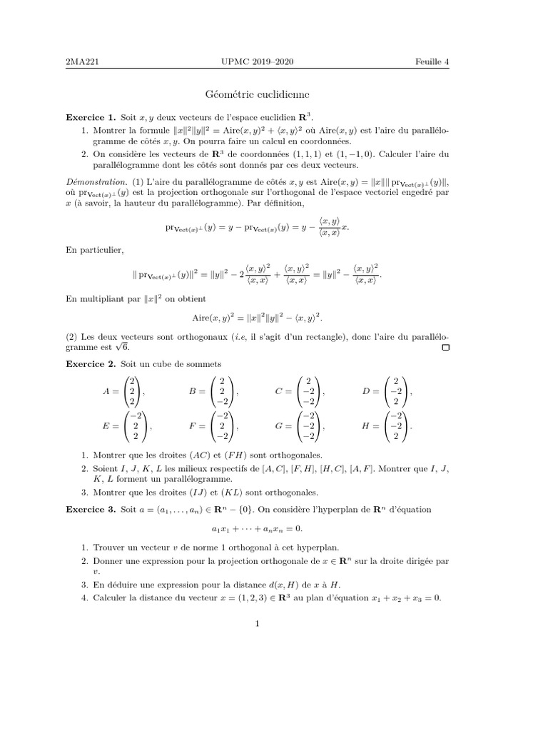 Exercices de géométrie euclidienne R3 | PDF | Base (algèbre linéaire ...