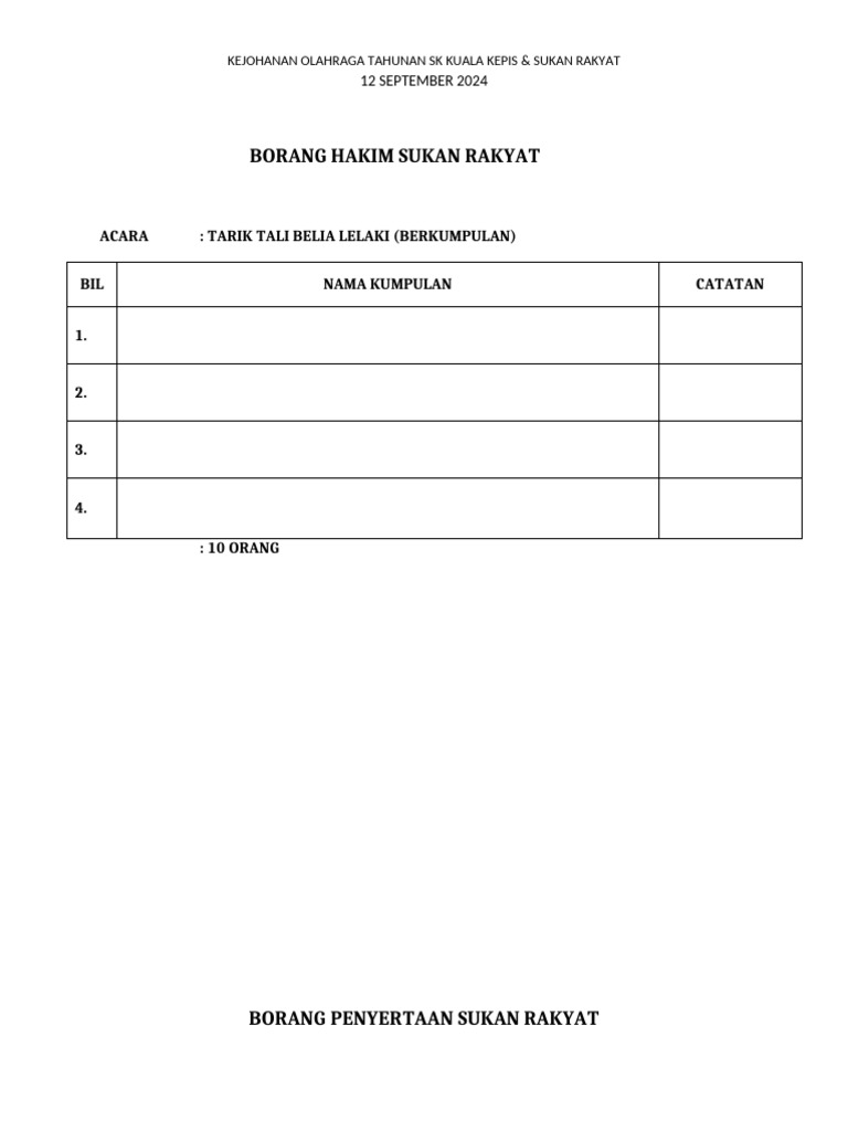 Borang Penyertaan Sukan Rakyat | PDF