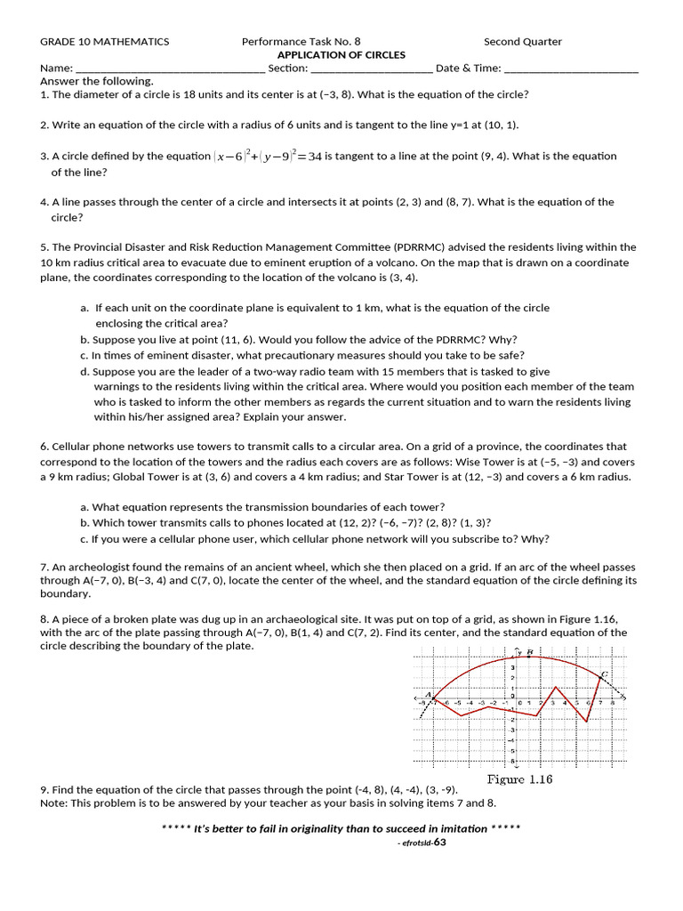 Performance Task NO.8 - Q2 Grade 10 - APPLICATION OF CIRCLE | PDF ...