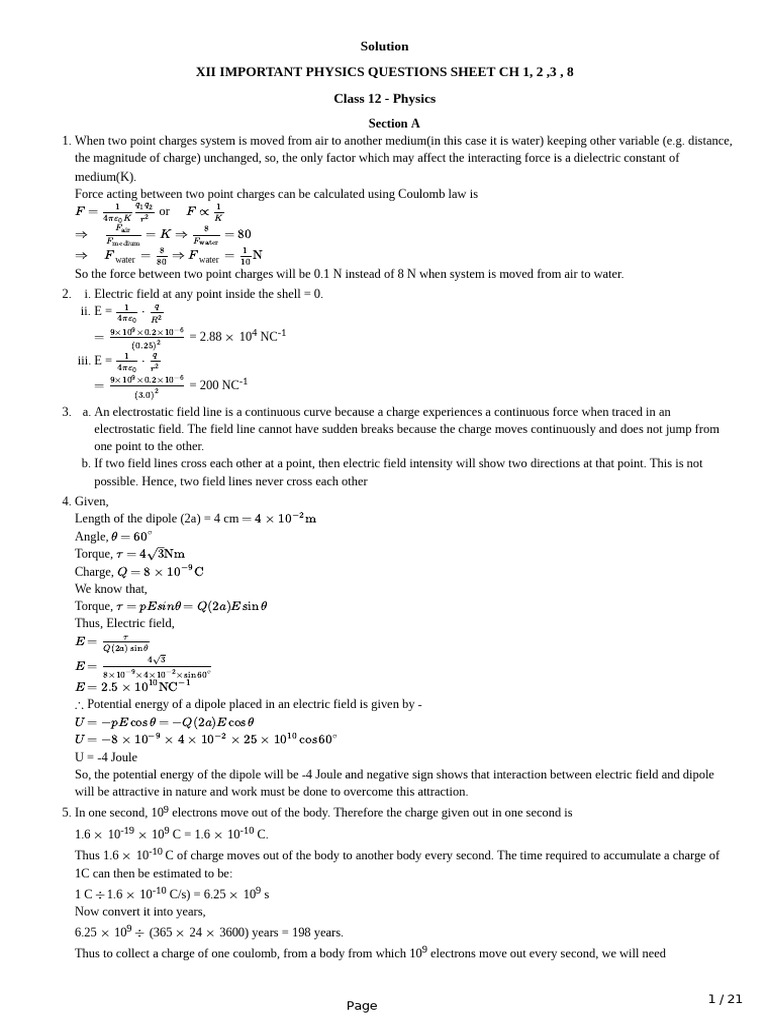 Xii Imp Board Sol CH 1,2,3,8 | PDF | Electric Field | Force