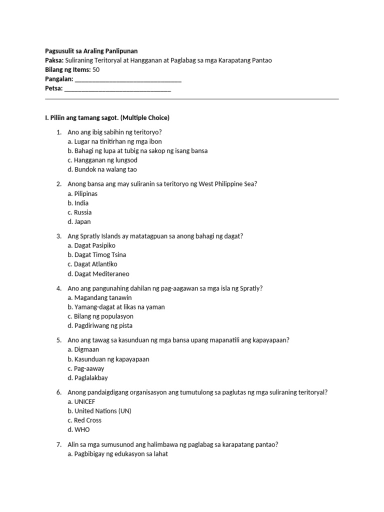 Pagsusulit Sa Araling Panlipunan | PDF