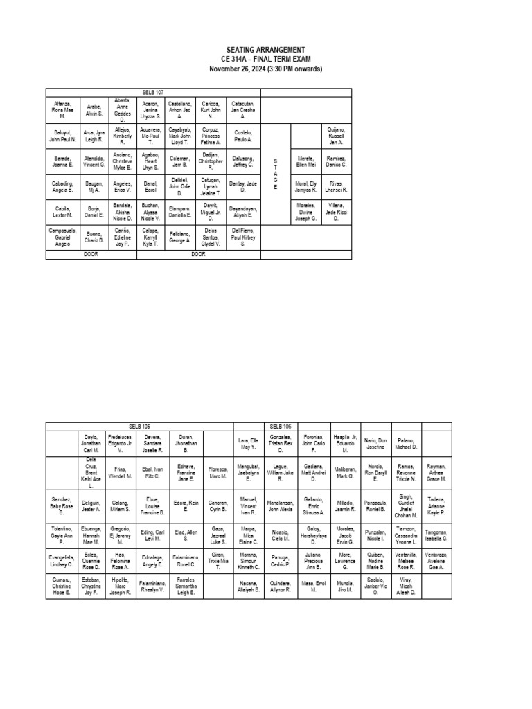 CE 314A Final Exam Seating Plan | PDF