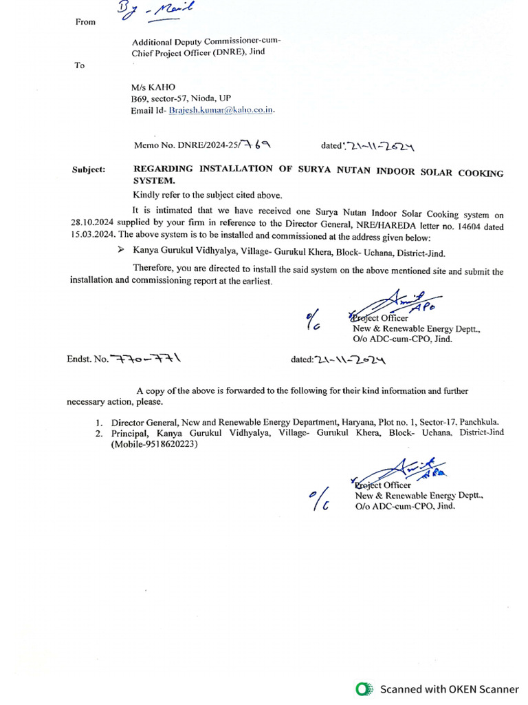 Regarding Installation of Surya Nutan Indoor Solar Cooking System. (1) | PDF