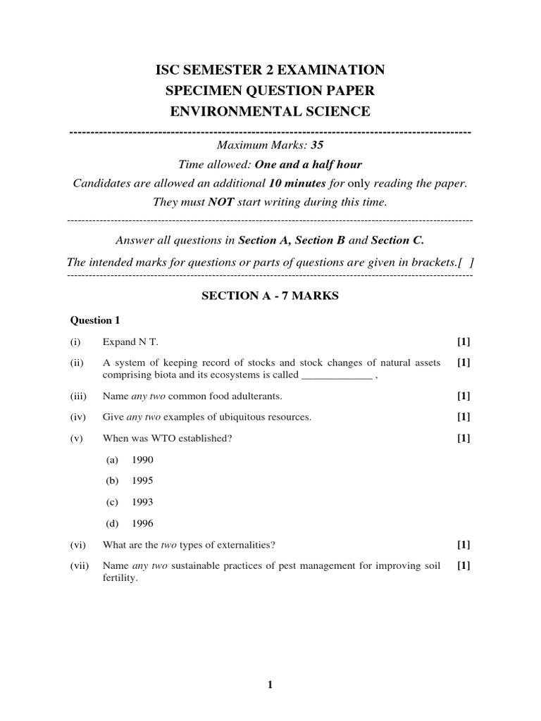 ISC Class 12 Environment Science Paper 1 Theory Question Paper Sem 2 2022 | PDF | Economics ...