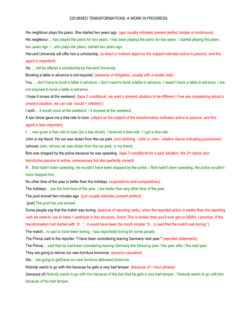 225 Mixed Transformations Work in Progress (Answers) | PDF | Verb ...