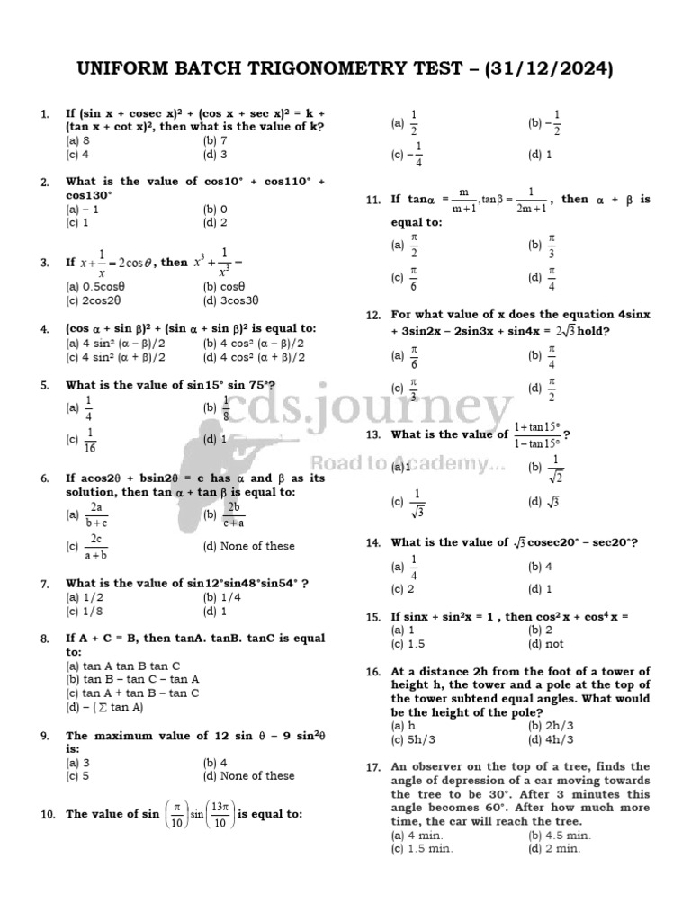 Trigonometry Test Questions and Answers | PDF | Triangle | Euclidean ...