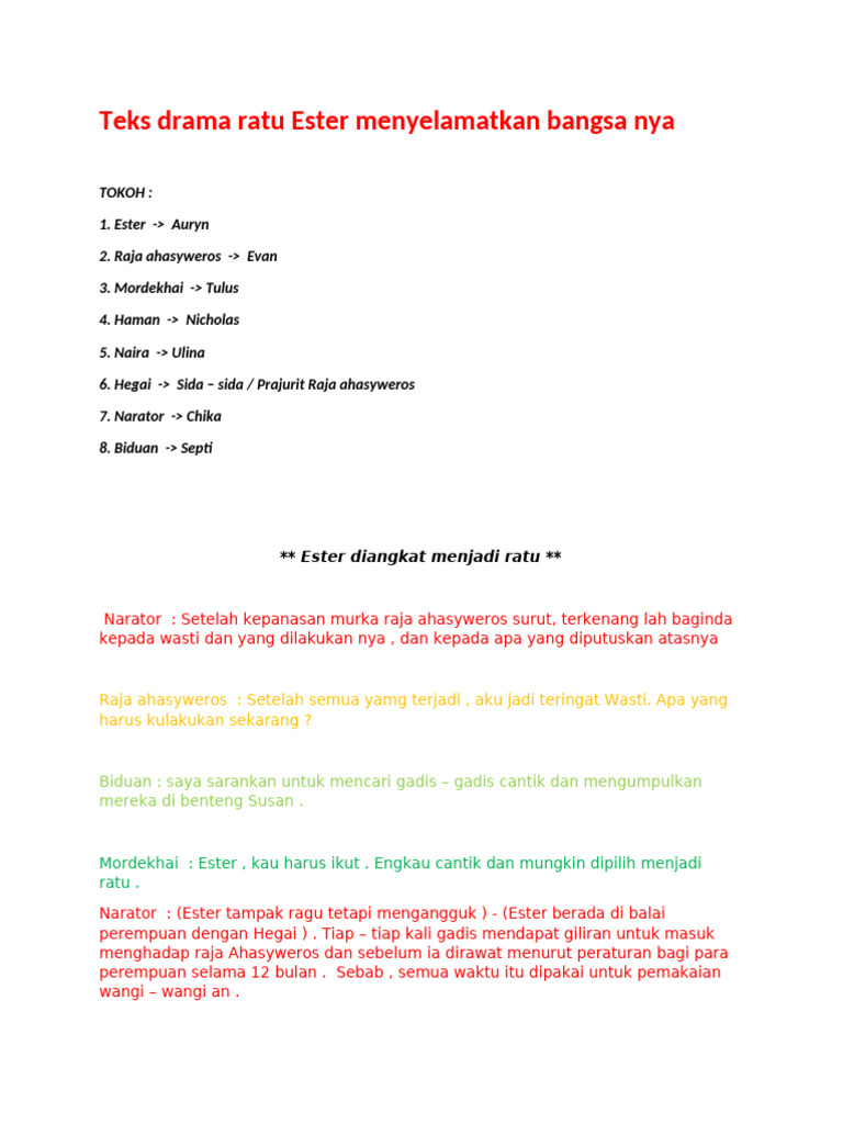 Teks Drama Ratu Ester Menyelamatkan Bangsa Nya | PDF