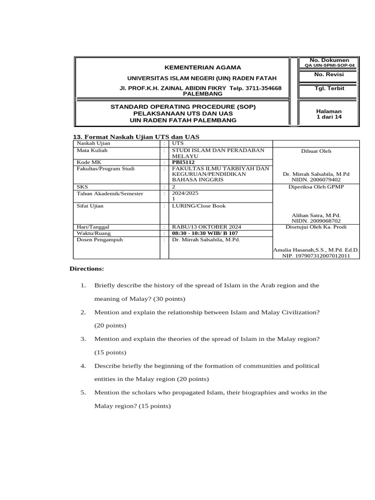 SOAL UTS Islam Dan Peradaban Melayu Mirrah | PDF