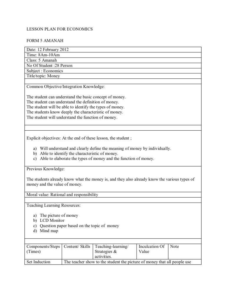 Lesson Plan For Economics | PDF | Money | Lesson Plan