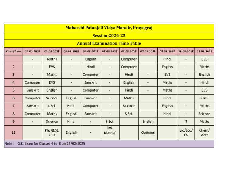 Annual Time Table 2025 | PDF