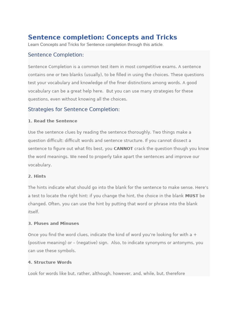 Tricks in Sentence Completion | PDF | Vocabulary | Human Communication