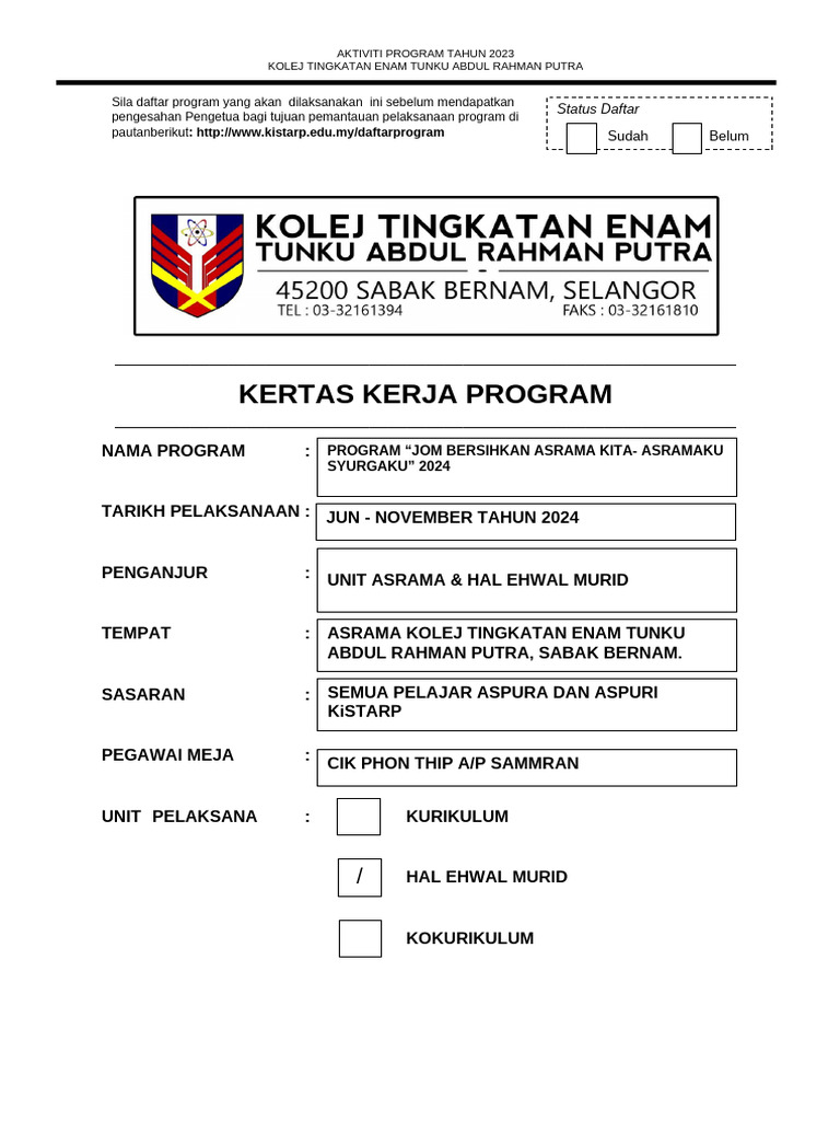 Program Kebersihan Asrama 2024 KiSTARP | PDF