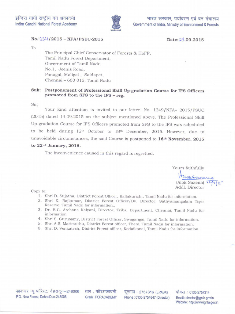 Tamil Nadu Pradesh Postponement Letter 29course | PDF