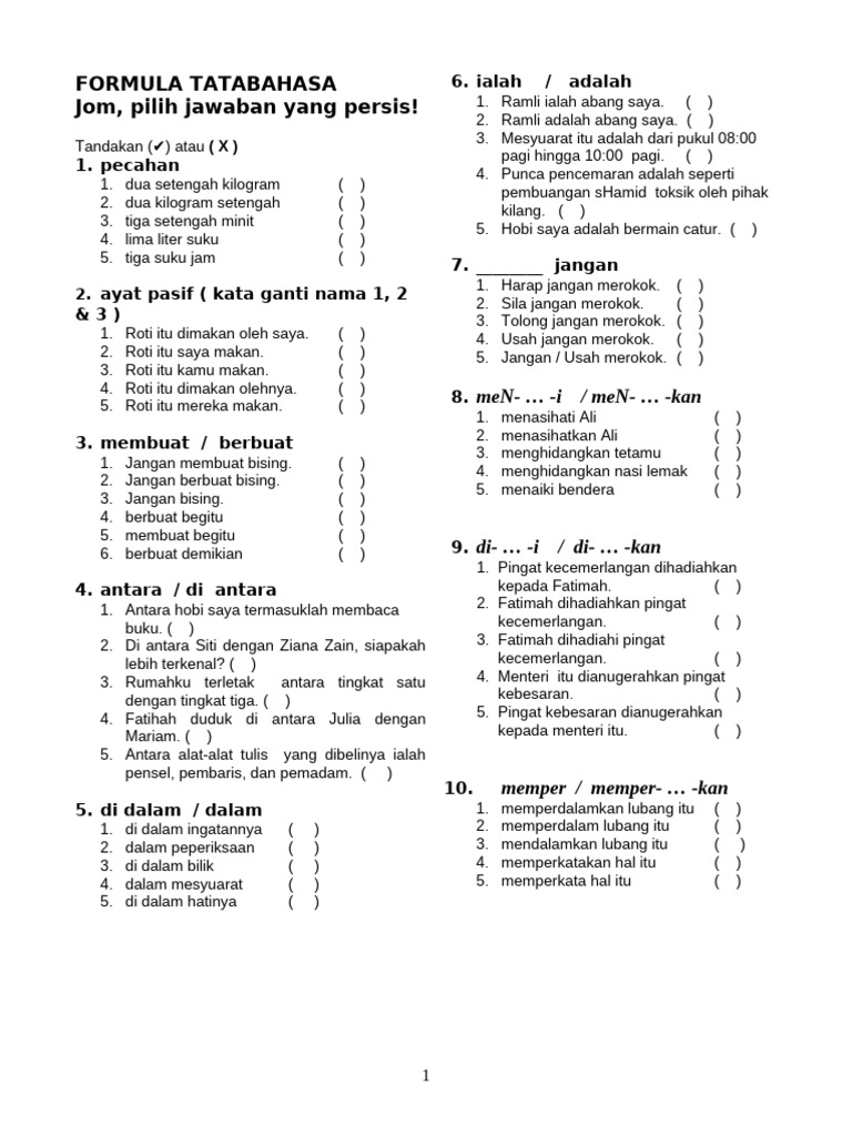 Tatabahasa Umum - Formula Tatabahasa (Soalan) 2 | PDF