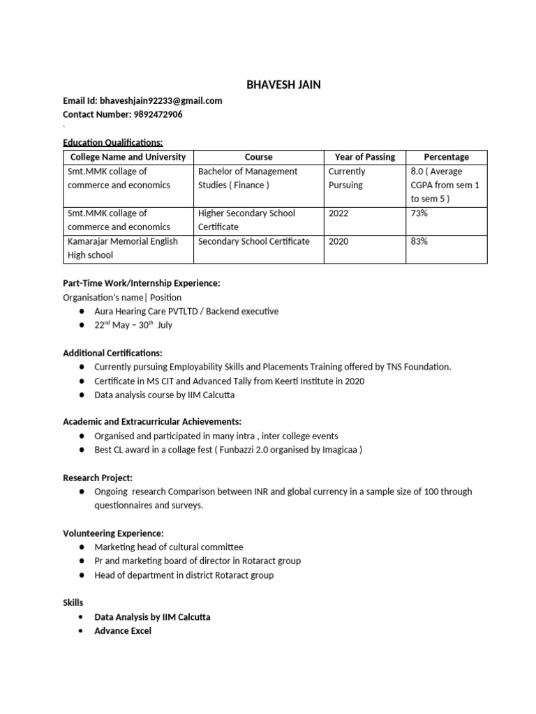 Bhavesh Jain Resume | PDF