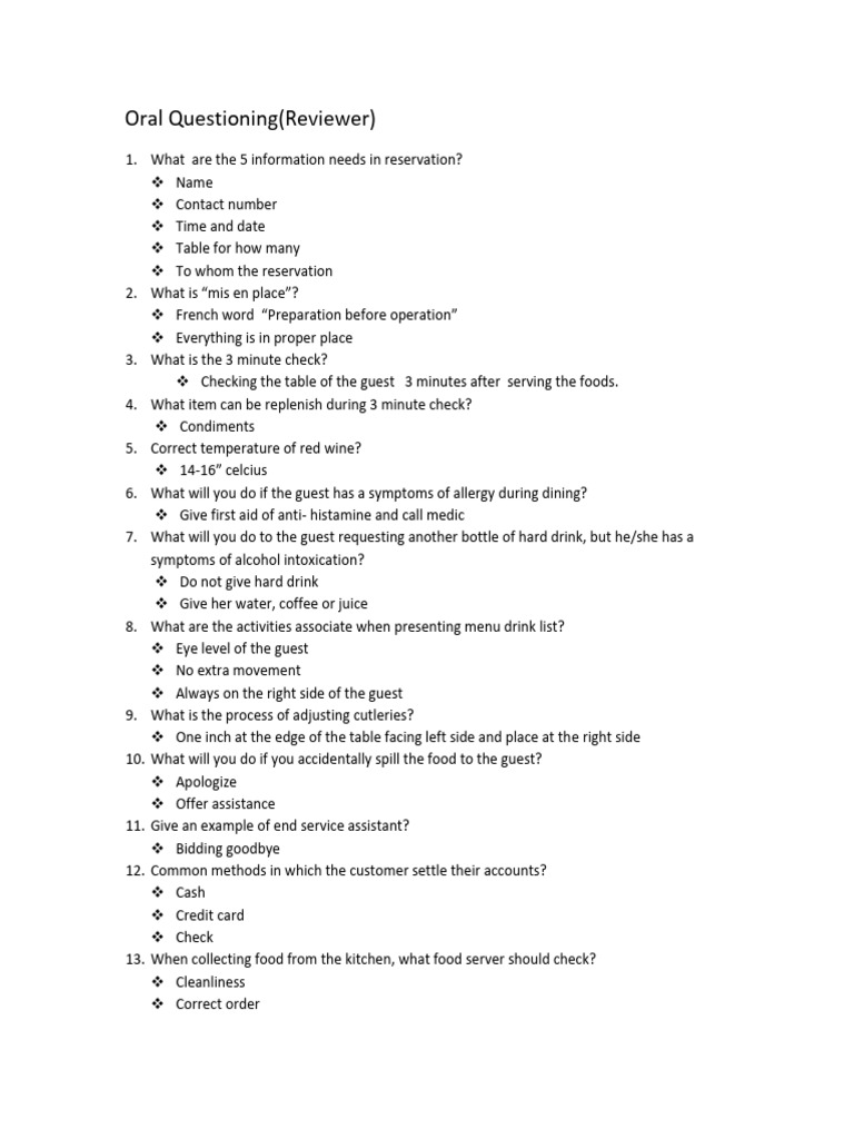 Oral Questioning Food and Beverage | PDF | Menu | Waiting Staff